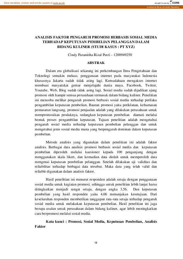 (PDF) Analisis Faktor Pengaruh Promosi Berbasis Sosial Media Terhadap Keputusan Pembelian Dalam ...