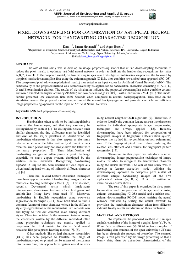 (PDF) Pixel Downsampling for Optimization of Artificial Neural Network for Handwriting Character ...