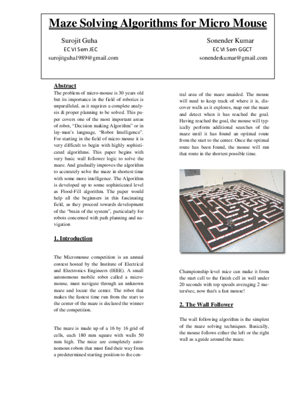 Pdf Maze Solving Algorithms For Micro Mouse