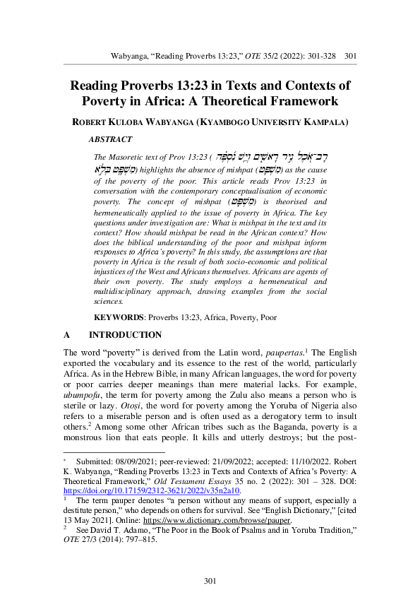 (PDF) Reading Proverbs 13:23 in Texts and Contexts of Poverty in Africa: A Theoretical Framework