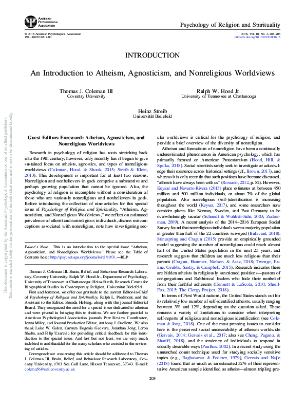 (PDF) An introduction to atheism, agnosticism, and nonreligious worldviews