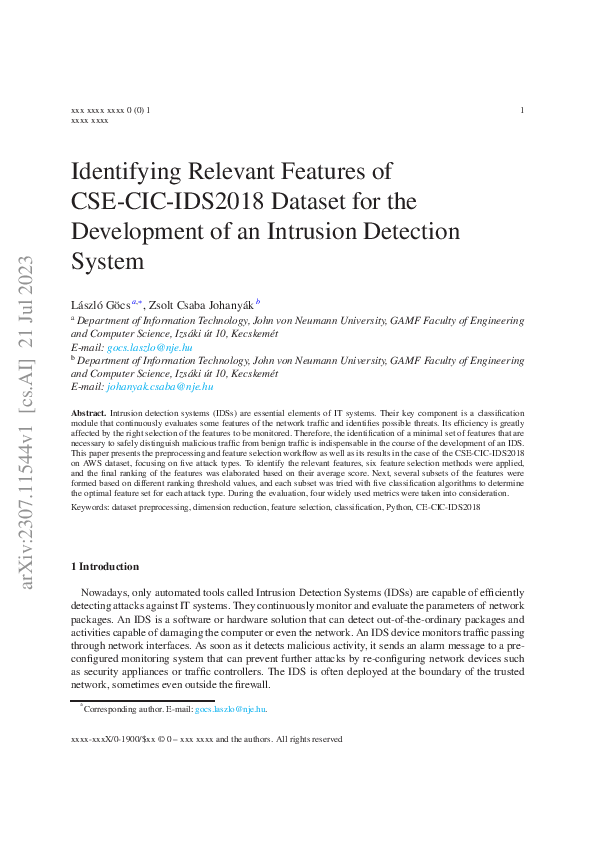 Pdf Identifying Relevant Features Of Cse Cic Ids2018 Dataset For The