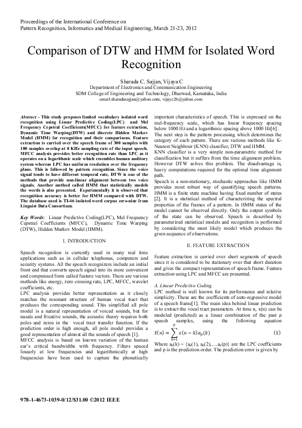 (PDF) Comparison of DTW and HMM for isolated word recognition