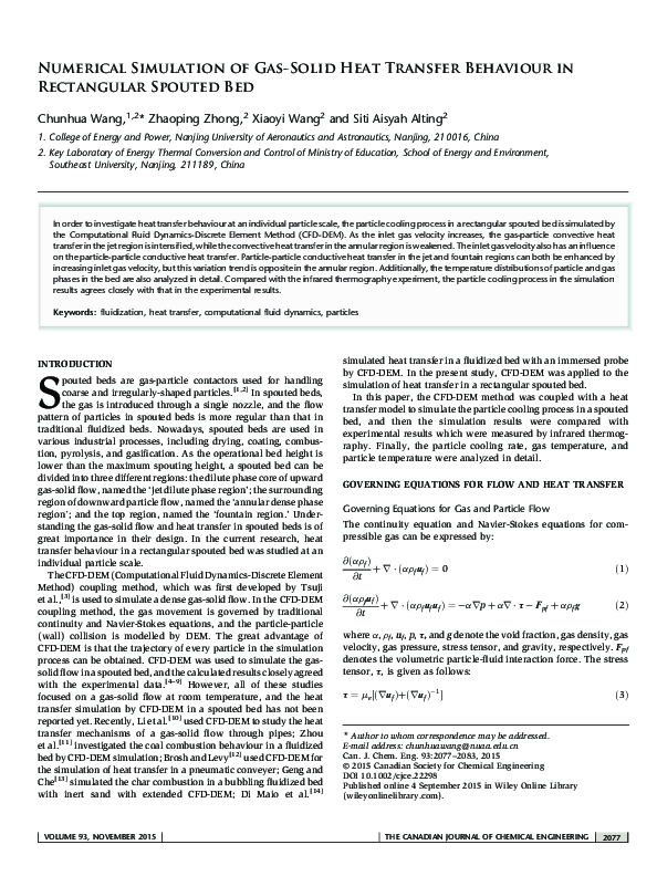 (PDF) Numerical simulation of gas-solid heat transfer behaviour in rectangular spouted bed