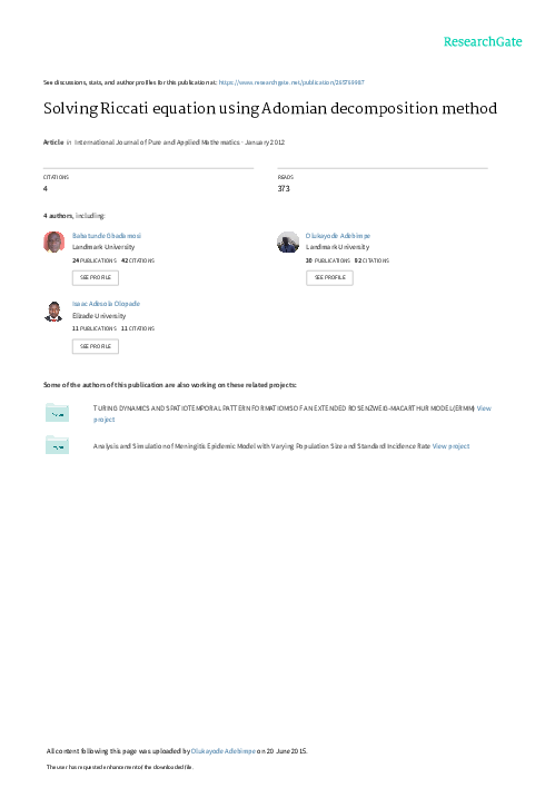 Pdf Solving Riccati Equation Using Adomian Decomposition Method
