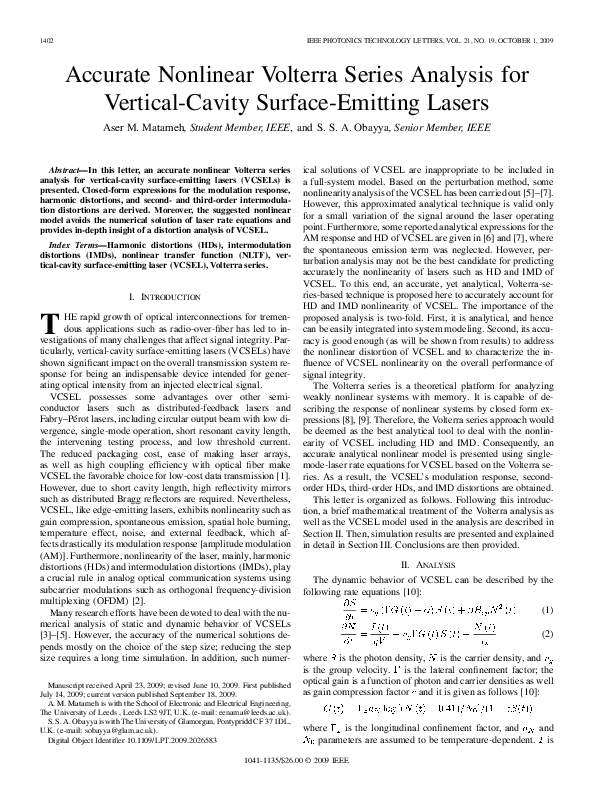 (PDF) Accurate Nonlinear Volterra Series Analysis for Vertical-Cavity Surface-Emitting Lasers