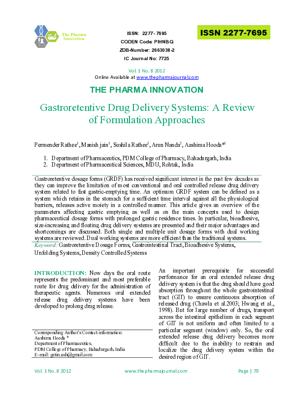 (PDF) Gastroretentive Drug Delivery Systems: A Review of Formulation ...