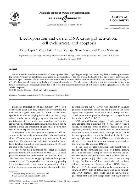 (PDF) Electroporation and carrier DNA cause p53 activation, cell cycle ...