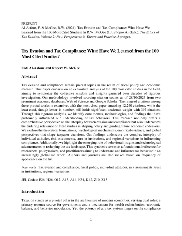 (PDF) Tax Evasion and Tax Compliance: What Have We Learned from the 100 ...