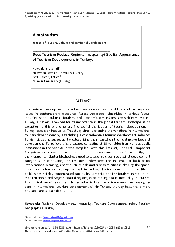 (PDF) Does Tourism Reduce Regional Inequality? Spatial Appearance of Tourism Development in Turkey