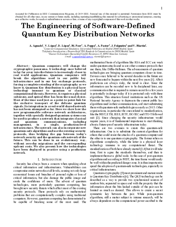 (PDF) The Engineering of Software-Defined Quantum Key Distribution Networks