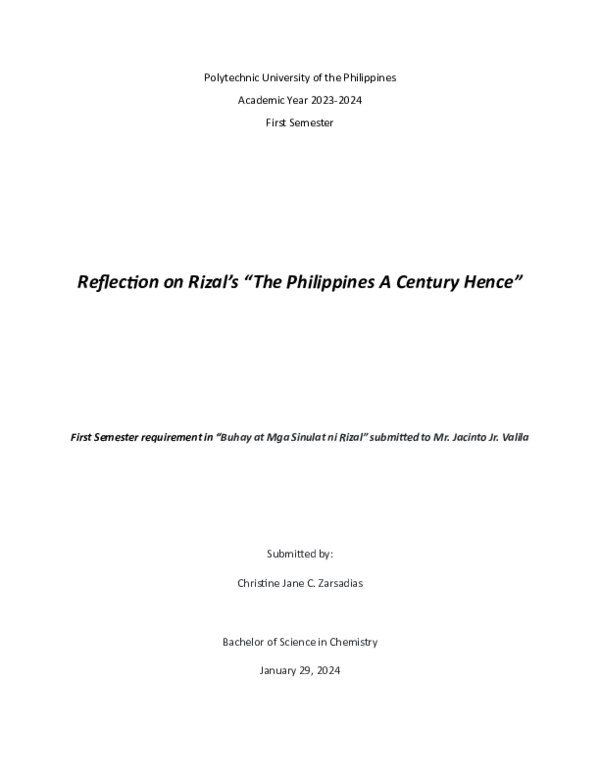 (PDF) Reflection on Rizal's "The Philippines A Century Hence"