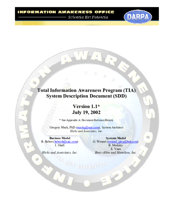 (PDF) Total Information Awareness Program (TIA) System Description Document (SDD | B Bebee ...