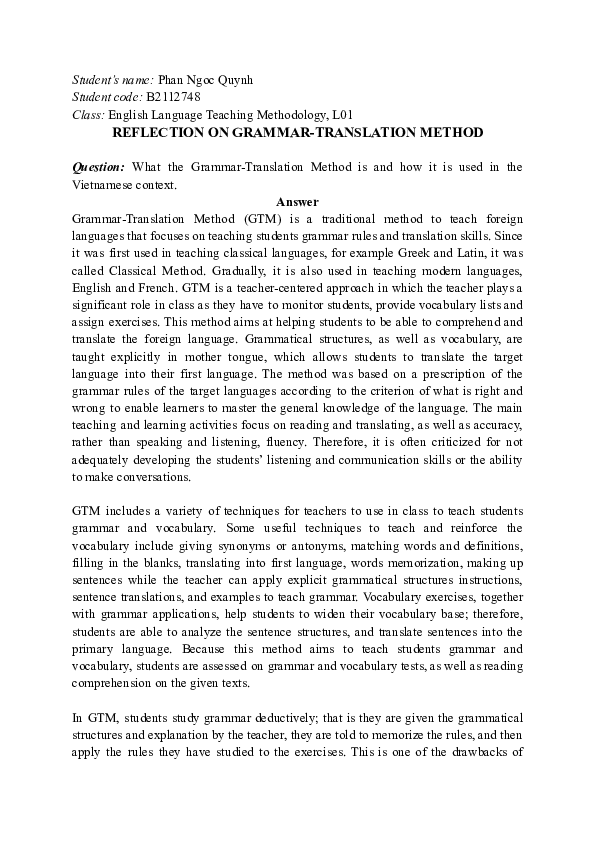 (PDF) REFLECTION ON GRAMMAR-TRANSLATION METHOD