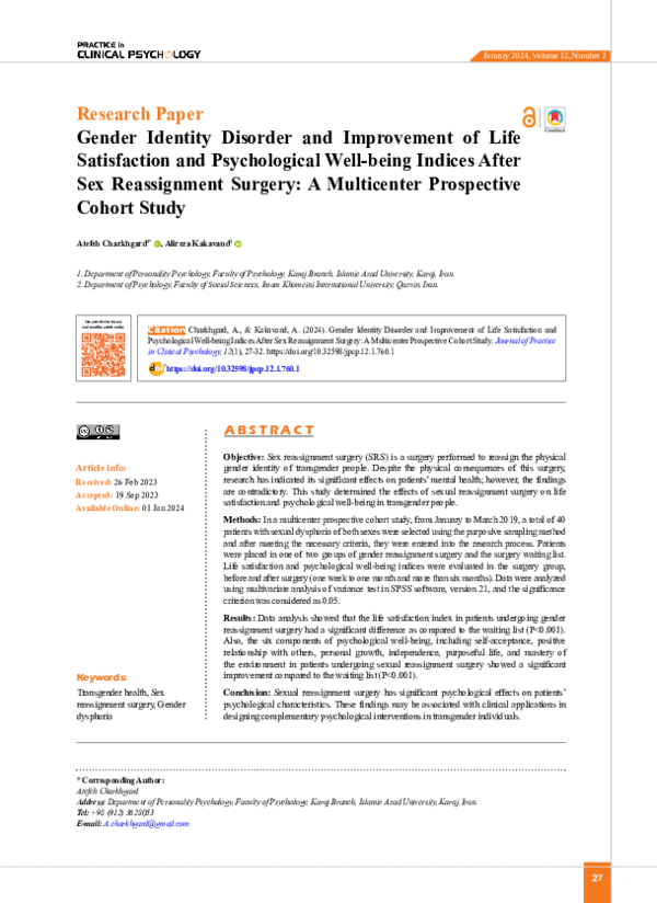 Pdf Gender Identity Disorder And Improvement Of Life Satisfaction And