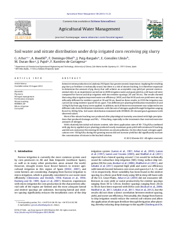 (PDF) Soil water and nitrate distribution under drip irrigated corn ...
