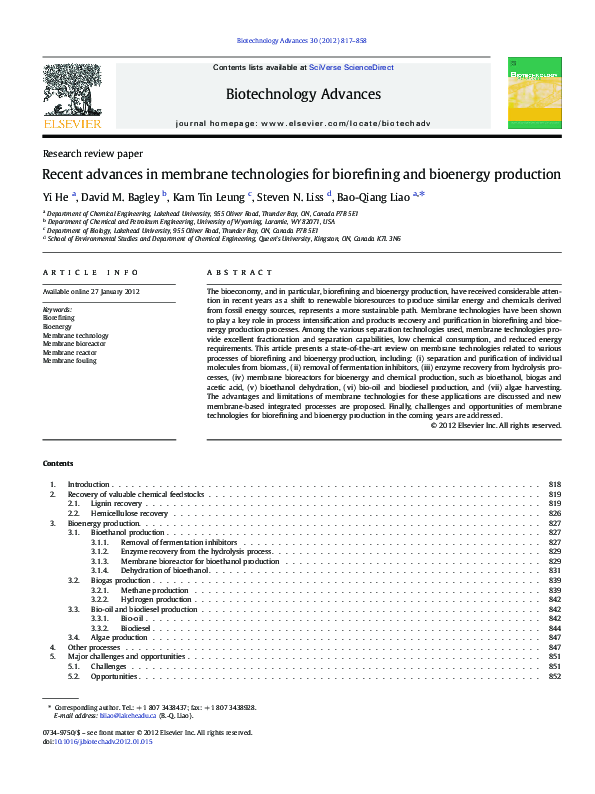 (PDF) Recent advances in membrane technologies for biorefining and ...