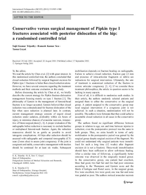 (PDF) Conservative versus surgical management of Pipkin type I ...