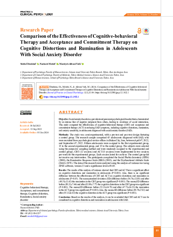 (PDF) Comparison of the Effectiveness of Cognitive-behavioral Therapy and Acceptance and ...