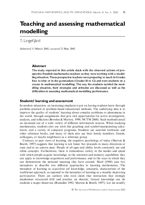 (PDF) Teaching and assessing mathematical modelling