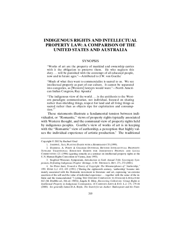 (PDF) Indigenous Rights and Intellectual Property Law: A Comparison of ...
