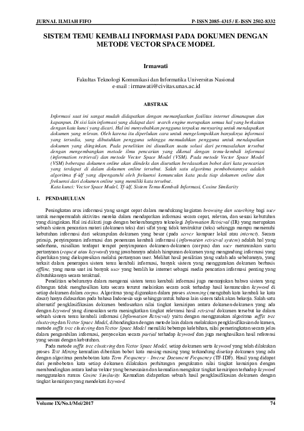 (PDF) Sistem Temu Kembali Informasi Pada Dokumen Dengan Metode Vector ...