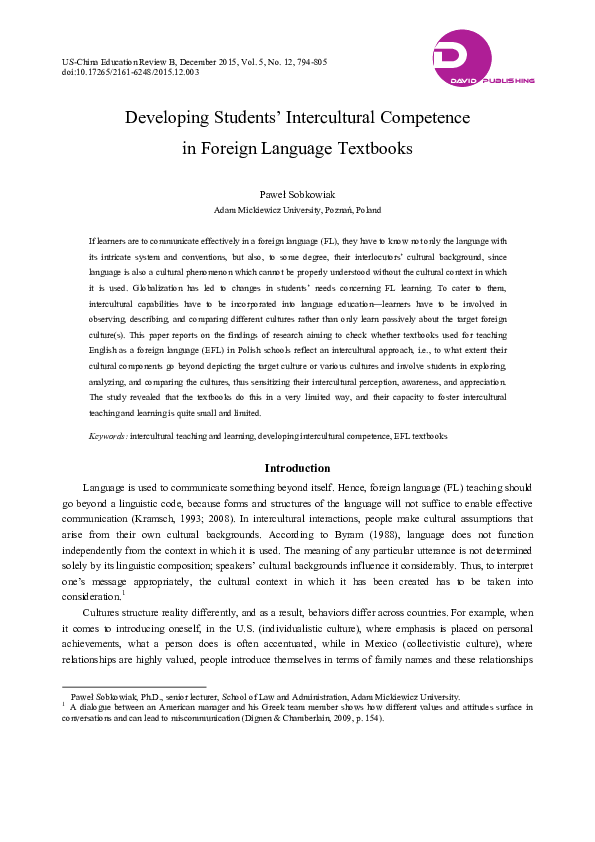 (PDF) Developing Students’ Intercultural Competence in Foreign Language Textbooks