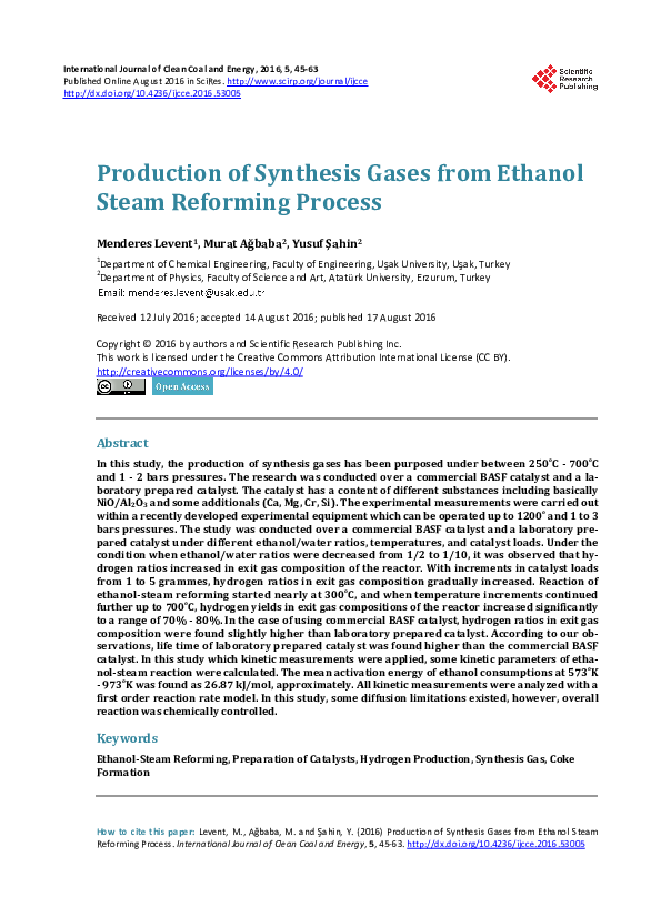 (PDF) Production of Synthesis Gases from Ethanol Steam Reforming Process