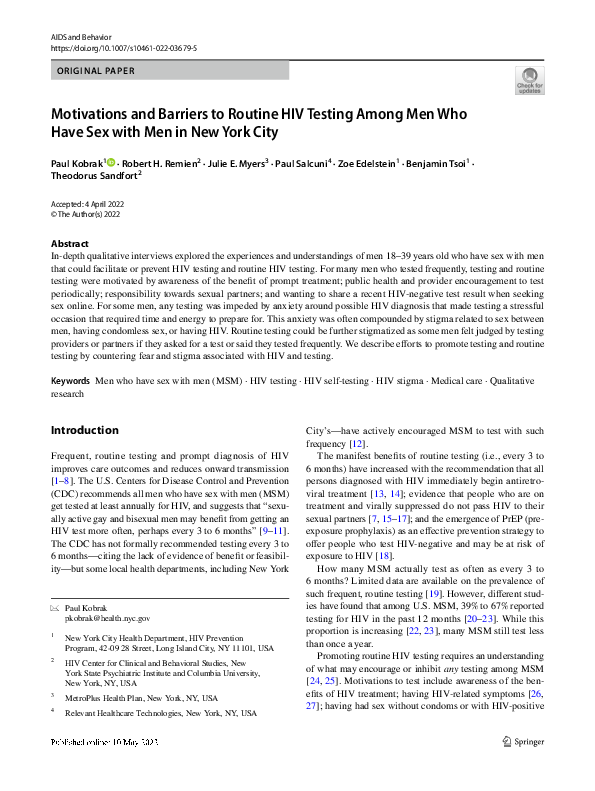 (PDF) Motivations and Barriers to Routine HIV Testing Among Men Who ...
