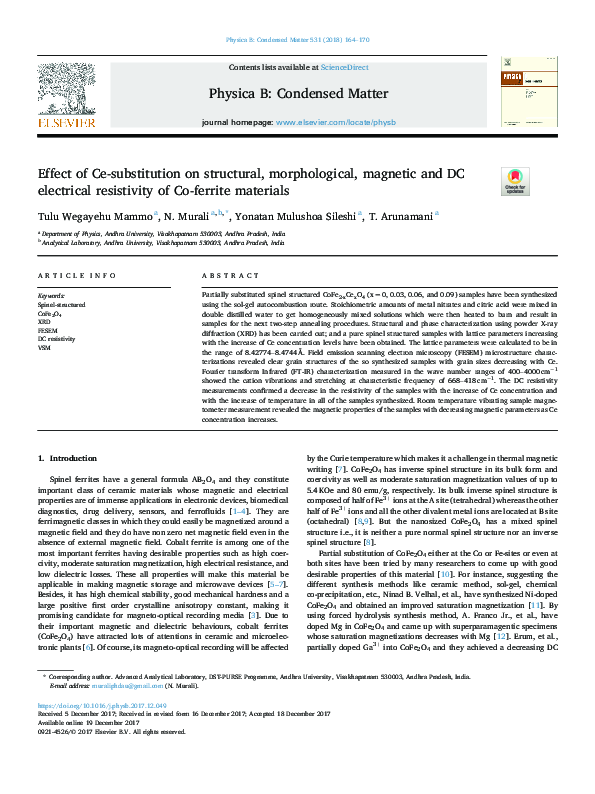 (PDF) Effect of Ce-substitution on structural, morphological, magnetic and DC electrical ...