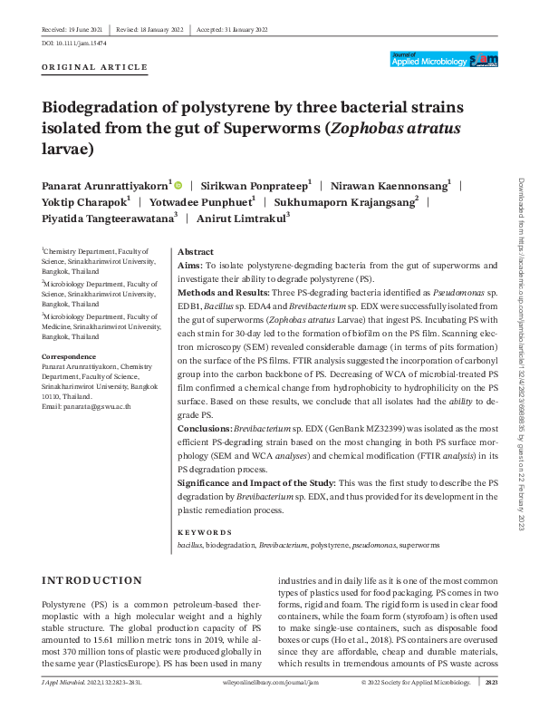 (PDF) Biodegradation of polystyrene by three bacterial strains isolated from the gut of ...