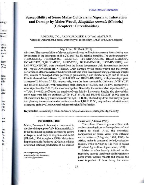 (PDF) Susceptibility of Some Maize Cultivars in Nigeria to Infestation ...