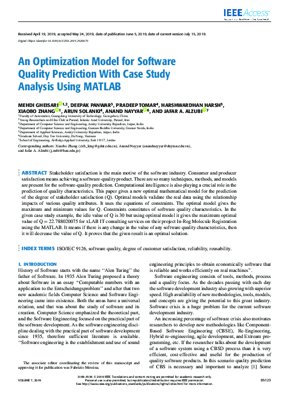 (PDF) An Optimization Model for Software Quality Prediction With Case Study Analysis Using MATLAB