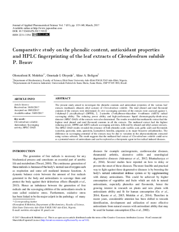 (PDF) Comparative study on the phenolic content, antioxidant properties and HPLC fingerprinting ...