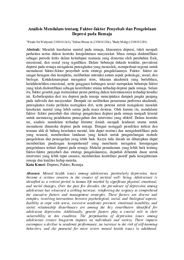 (DOC) Analisis Mendalam tentang Faktor-faktor Penyebab dan Pengelolaan Depresi pada Remaja