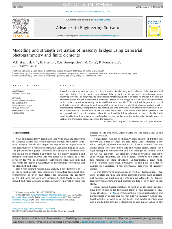 (PDF) Modelling and strength evaluation of masonry bridges using terrestrial photogrammetry and ...