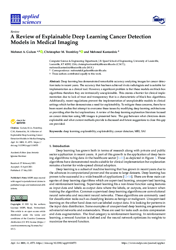 Pdf A Review Of Explainable Deep Learning Cancer Detection Models In Medical Imaging