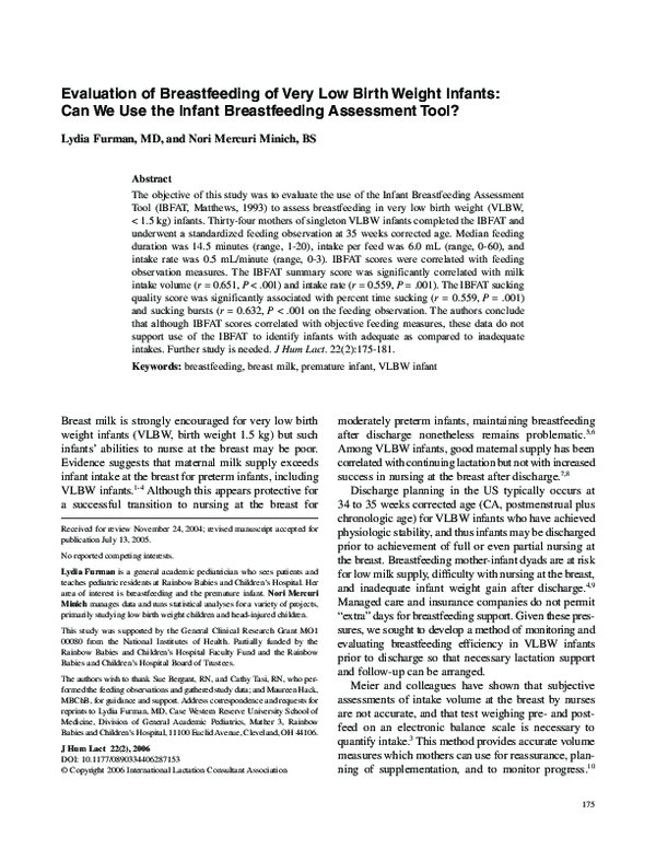 (PDF) Evaluation of Breastfeeding of Very Low Birth Weight Infants: Can ...