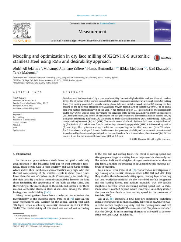 (PDF) Modeling and optimization in dry face milling of X2CrNi18-9 austenitic stainless steel ...