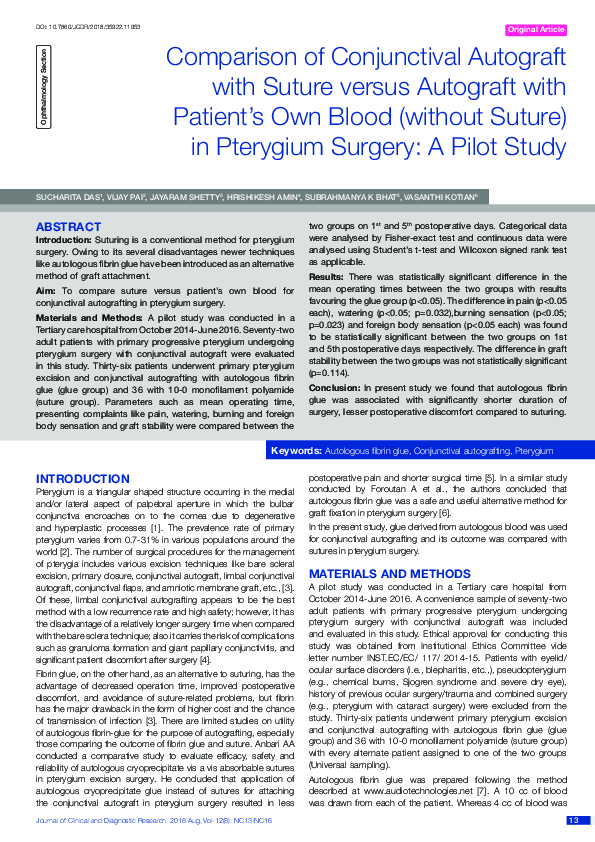 (PDF) Comparison of Conjunctival Autograft with Suture Versus Autograft ...