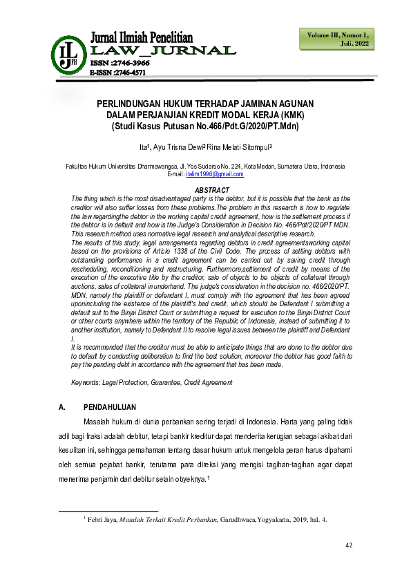 (PDF) PERLINDUNGAN HUKUM TERHADAP JAMINAN AGUNAN DALAM PERJANJIAN KREDIT MODAL KERJA (KMK ...