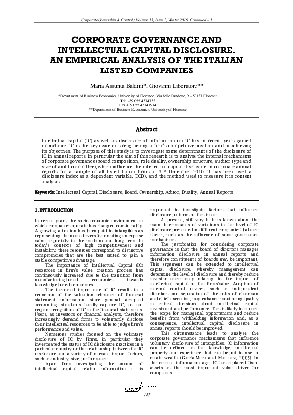 (PDF) Corporate governance and intellectual capital disclosure. An empirical analysis of the ...