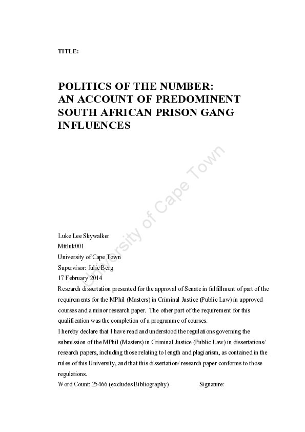 (PDF) Politics of the number: an account of predominent South African prison gang influences ...