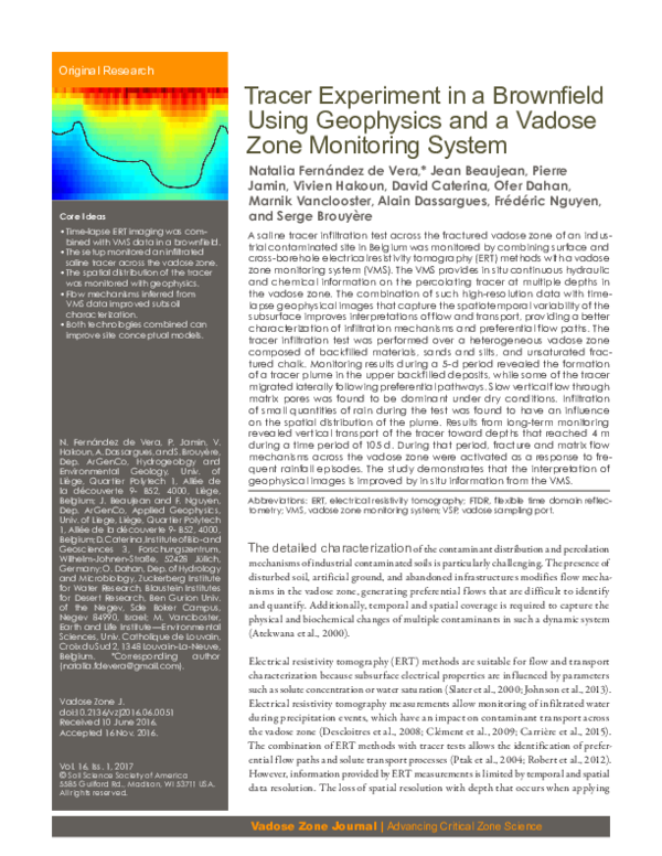 (PDF) Tracer Experiment in a Brownfield Using Geophysics and a Vadose ...