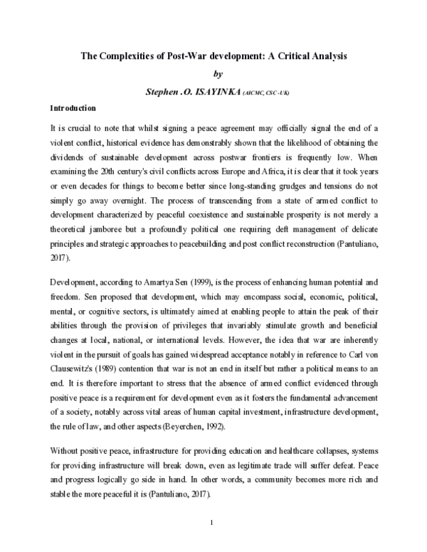 (PDF) The Complexities of Post-War development: A Critical Analysis