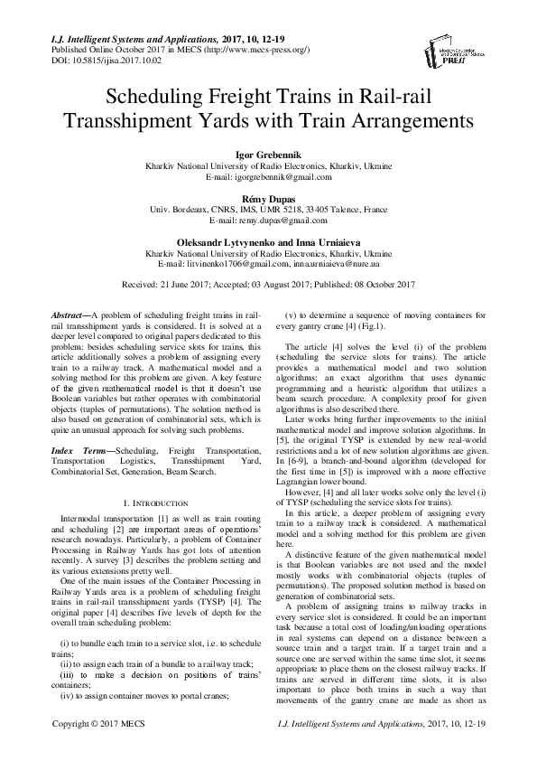 (PDF) Scheduling Freight Trains in Rail-rail Transshipment Yards with Train Arrangements