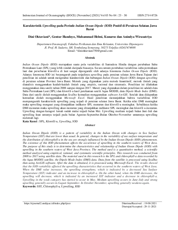(PDF) Karakteristik Upwelling pada Periode Indian Ocean Dipole (IOD ...