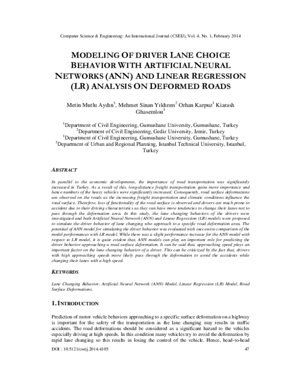 (PDF) Modeling of Driver Lane Choice Behavior with Artificial Neural Networks (ANN) and Linear ...
