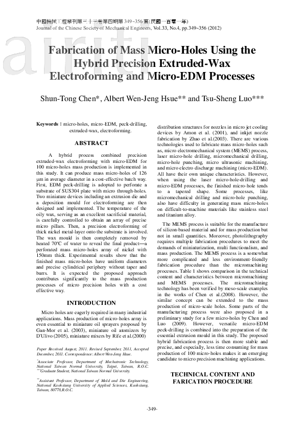 (PDF) Fabrication of mass micro-holes using the hybrid precision extruded-wax electroforming and ...