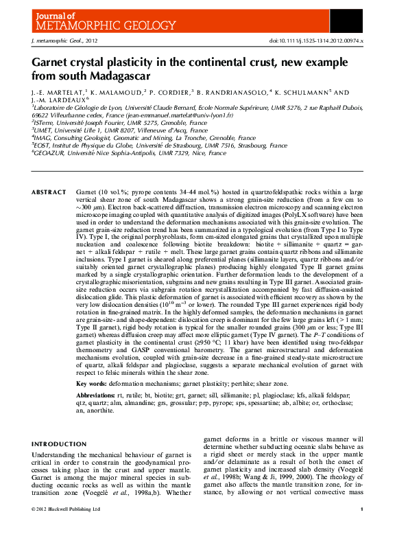 (PDF) Garnet crystal plasticity in the continental crust, new example ...
